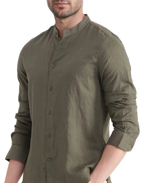 Rare Rabbit Men's Cinex Ls-25 Olive Linen Blend Plain Regular Fit Full