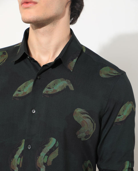 Rare Rabbit Men's Inari Dark Green Viscose Fabric Abstract Print Full