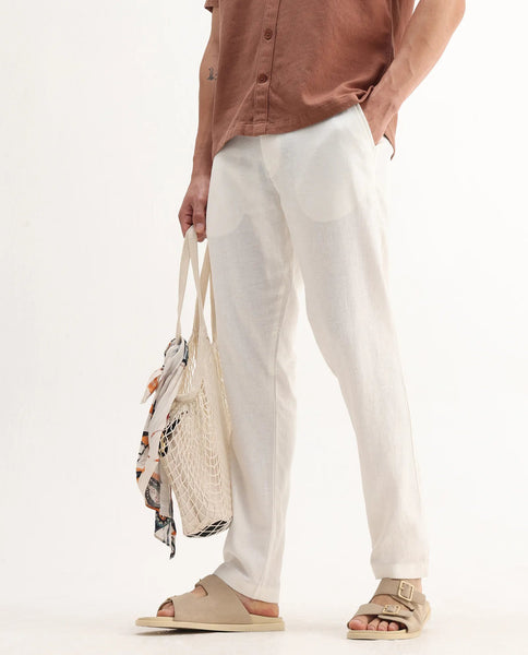 Rare Rabbit Men's Jomo-B White Linen Blend Plain Regular Fit Trouser
