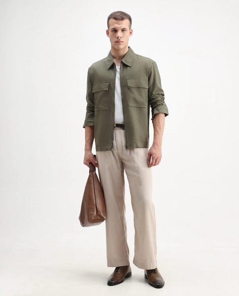 Rare Rabbit Men's Jomo-T Olive Linen Blend Plain Relaxed Fit Full Slee