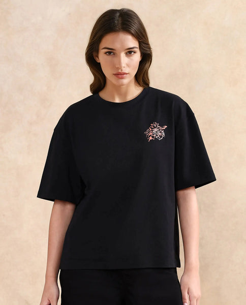 Rareism Women Trill Black Cotton Blend Fabric Short Sleeve Crew Neck O