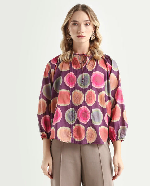Rareism Women's Orlie Purple Cotton Key Hole Neck Geometric Print Puff