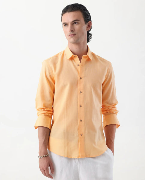 Rare Rabbit Men's Linux Light Yellow Cotton Linen Fabric Full Sleeves