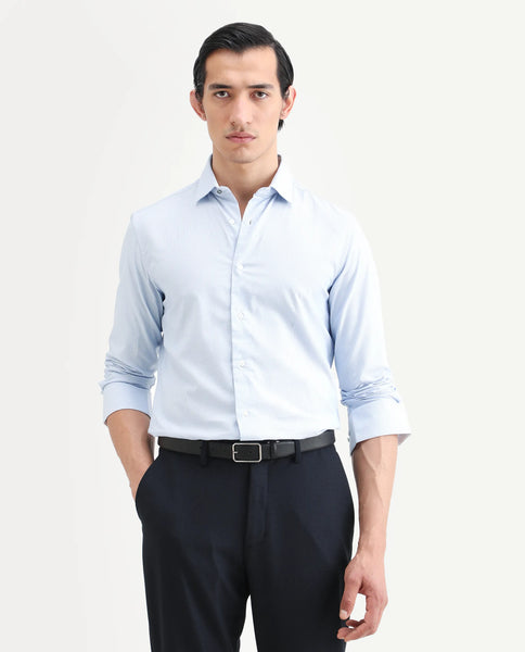 Rare Rabbit Men's Rigor Pastel Blue Cotton Textured Regular Fit Full S