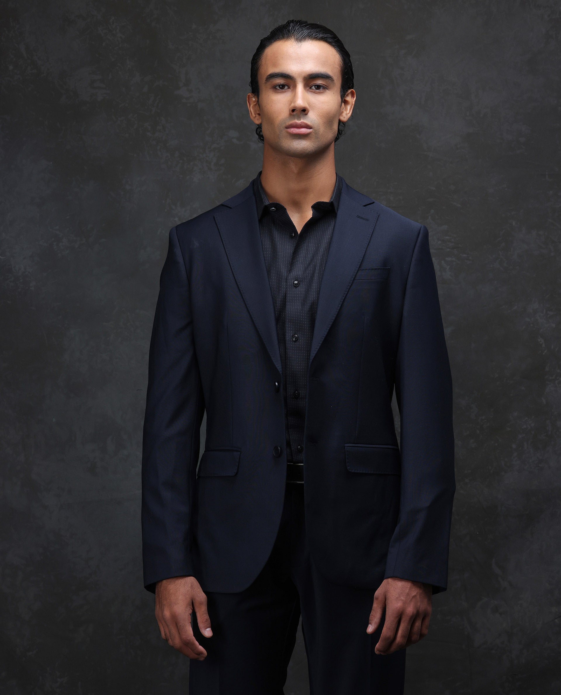 Rare Rabbit Men's Arbo-B Navy Polyester Plain Slim Fit Full Sleeve Lap