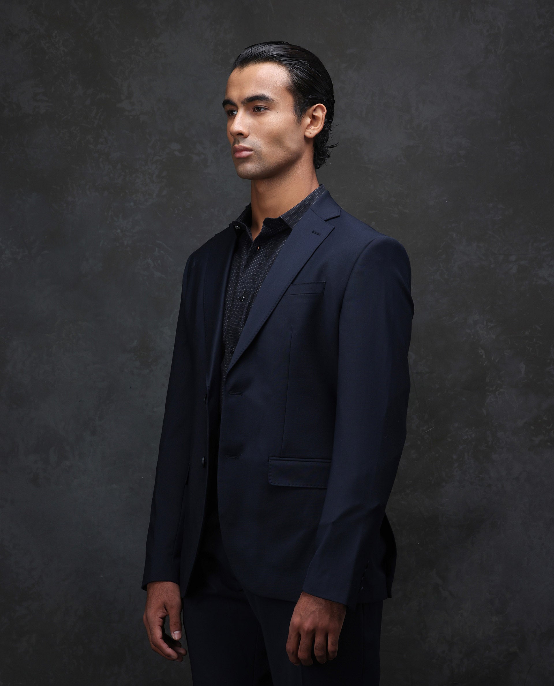 Rare Rabbit Men's Arbo-B Navy Polyester Plain Slim Fit Full Sleeve Lap