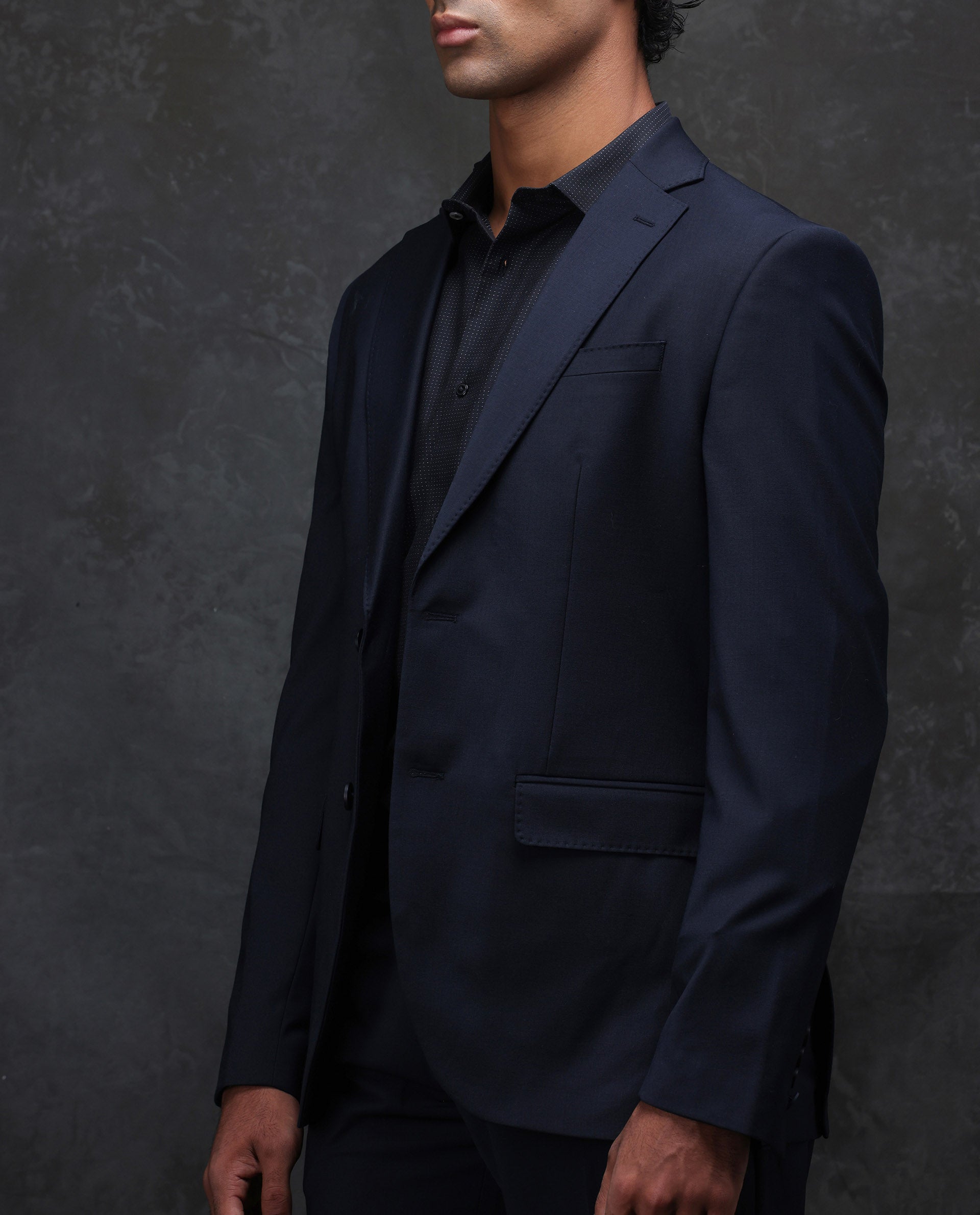 Rare Rabbit Men's Arbo-B Navy Polyester Plain Slim Fit Full Sleeve Lap