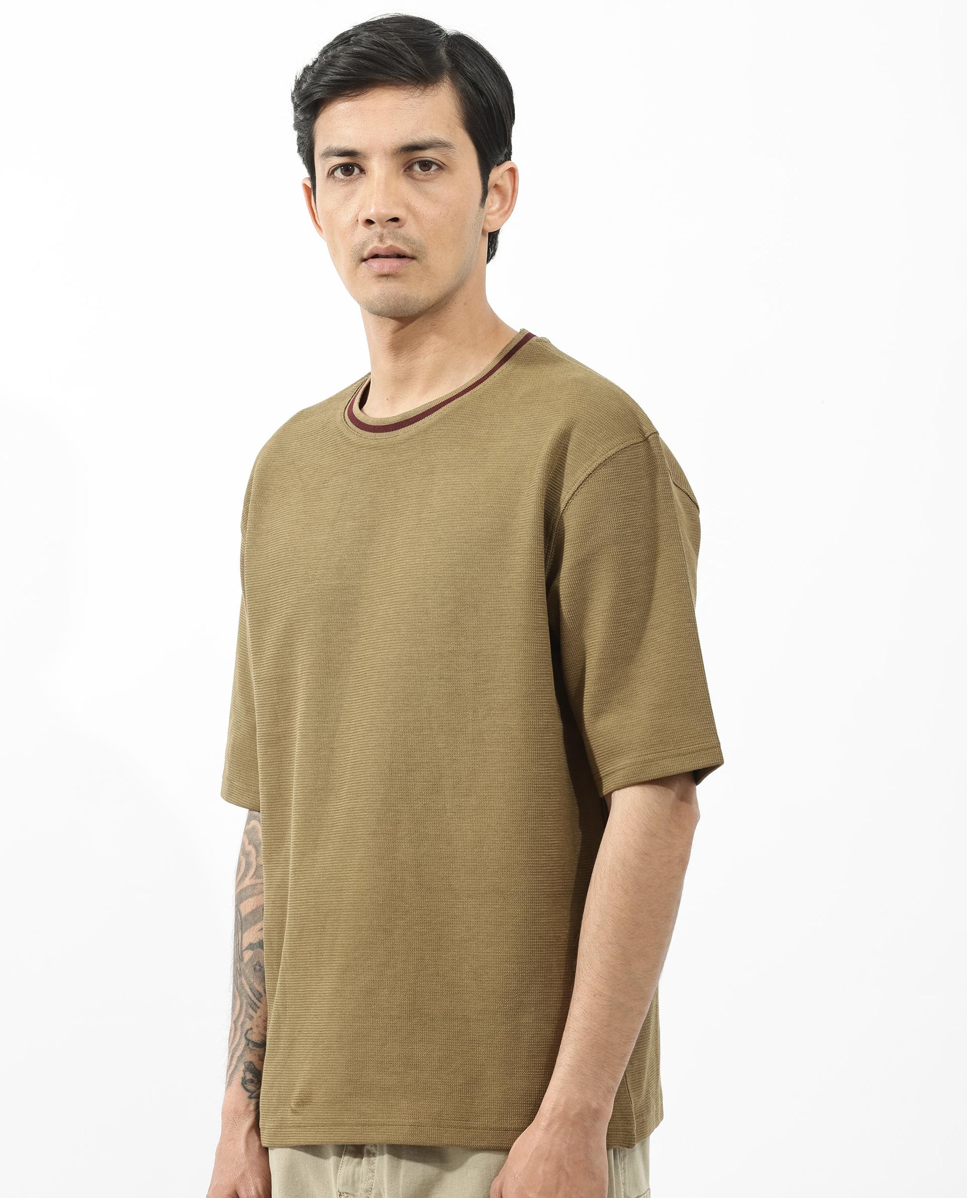 Rare Rabbit Men's Adiso Dusky Mustard Cotton Fabric Half Sleeves Overs