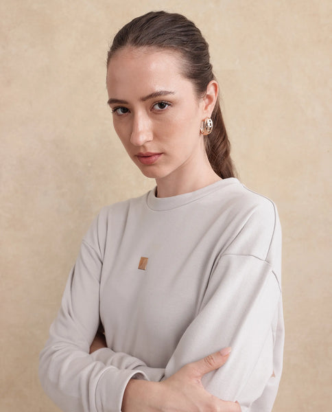 Rareism Womens Aimee Light Grey Sweatshirt Cotton Full Sleeve Crew Nec