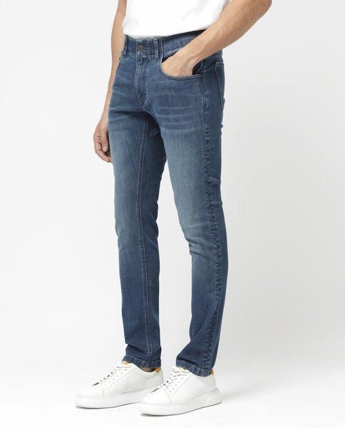 Rare Rabbit Mens Alec Blue Mid Wash Cotton Polyester Solid Skinny Fit