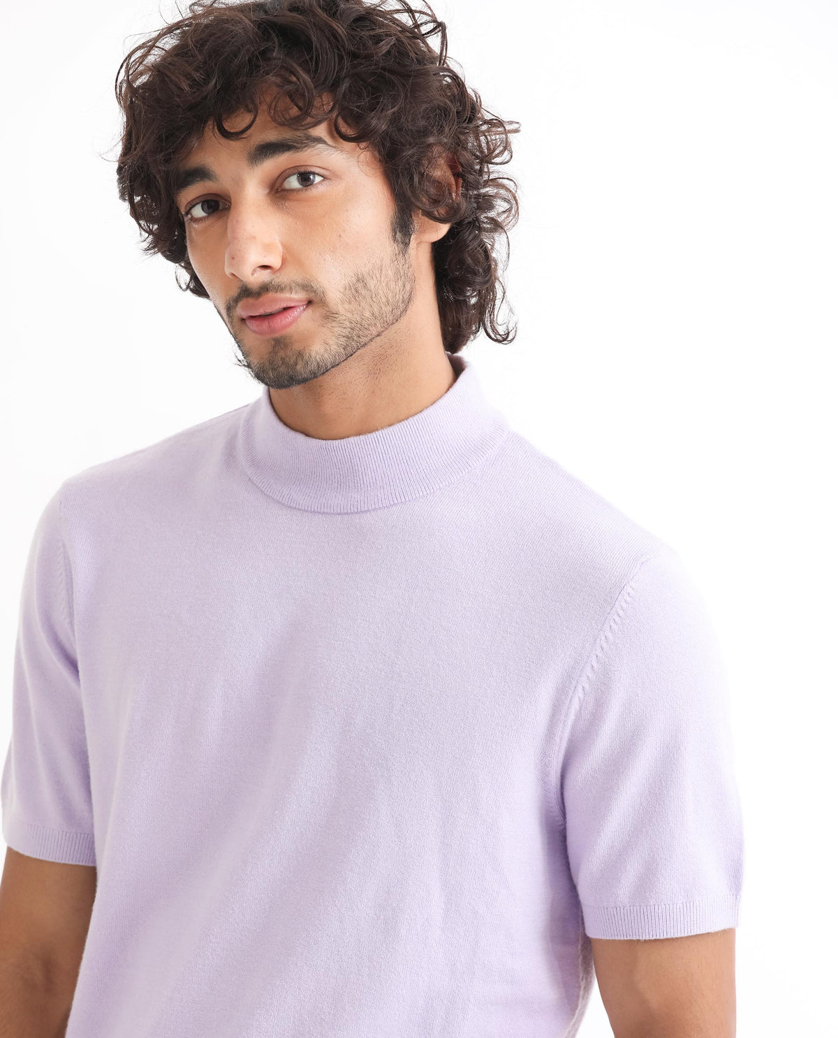 Rare Rabbit Men's Alfet Pastel Purple Half Sleeves High Neck Knitted T