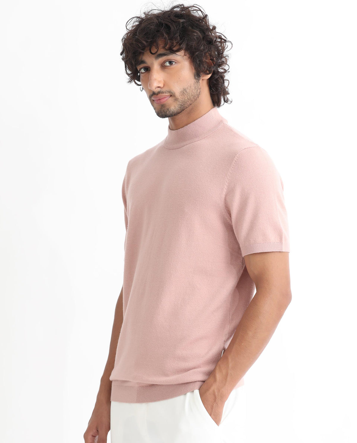 Rare Rabbit Men's Alfet Peach Half Sleeves High Neck Knitted T-Shirt