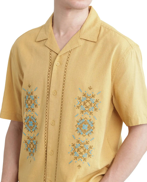 Rare Rabbit Men's Alxum Mustard Cotton Embroidered Boxy Fit Half Sleev