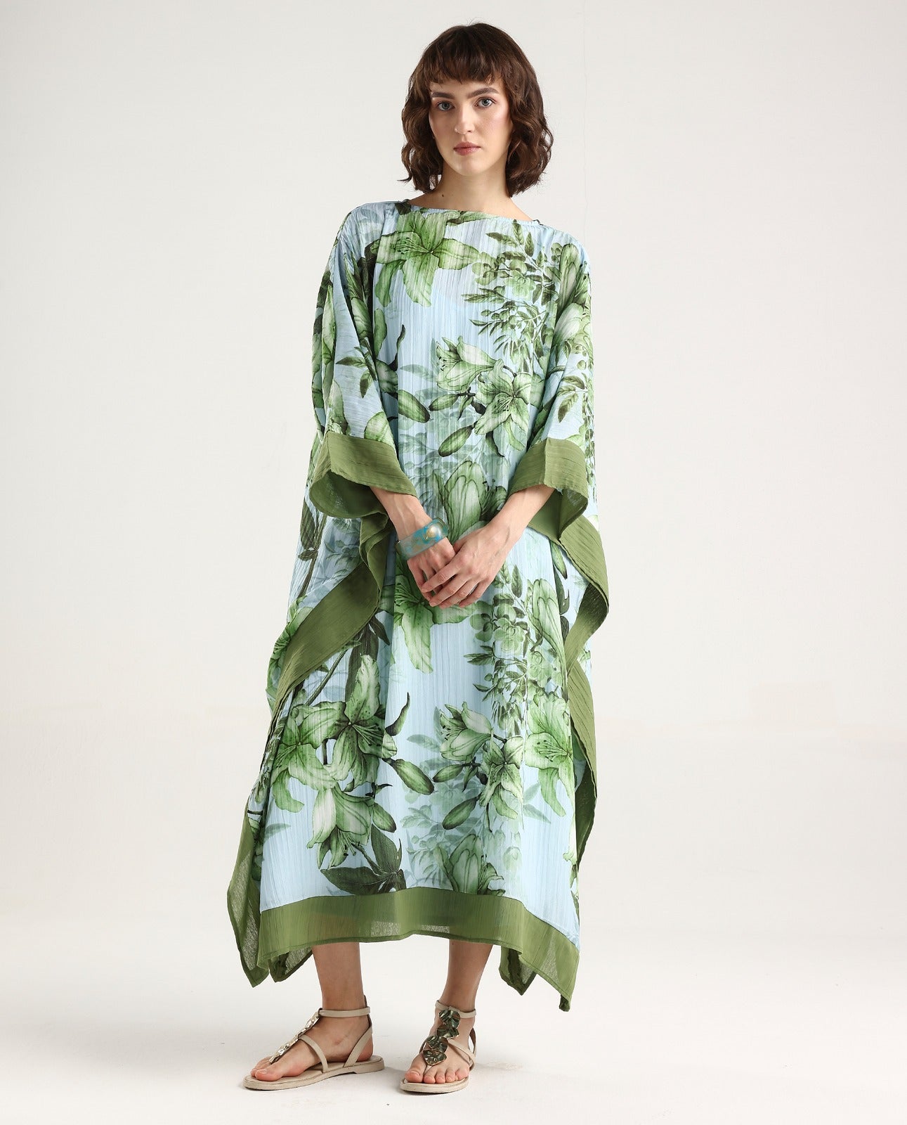 Rareism Women's Amat Light Blue Polyester Full Sleeve Kaftan Floral Pr