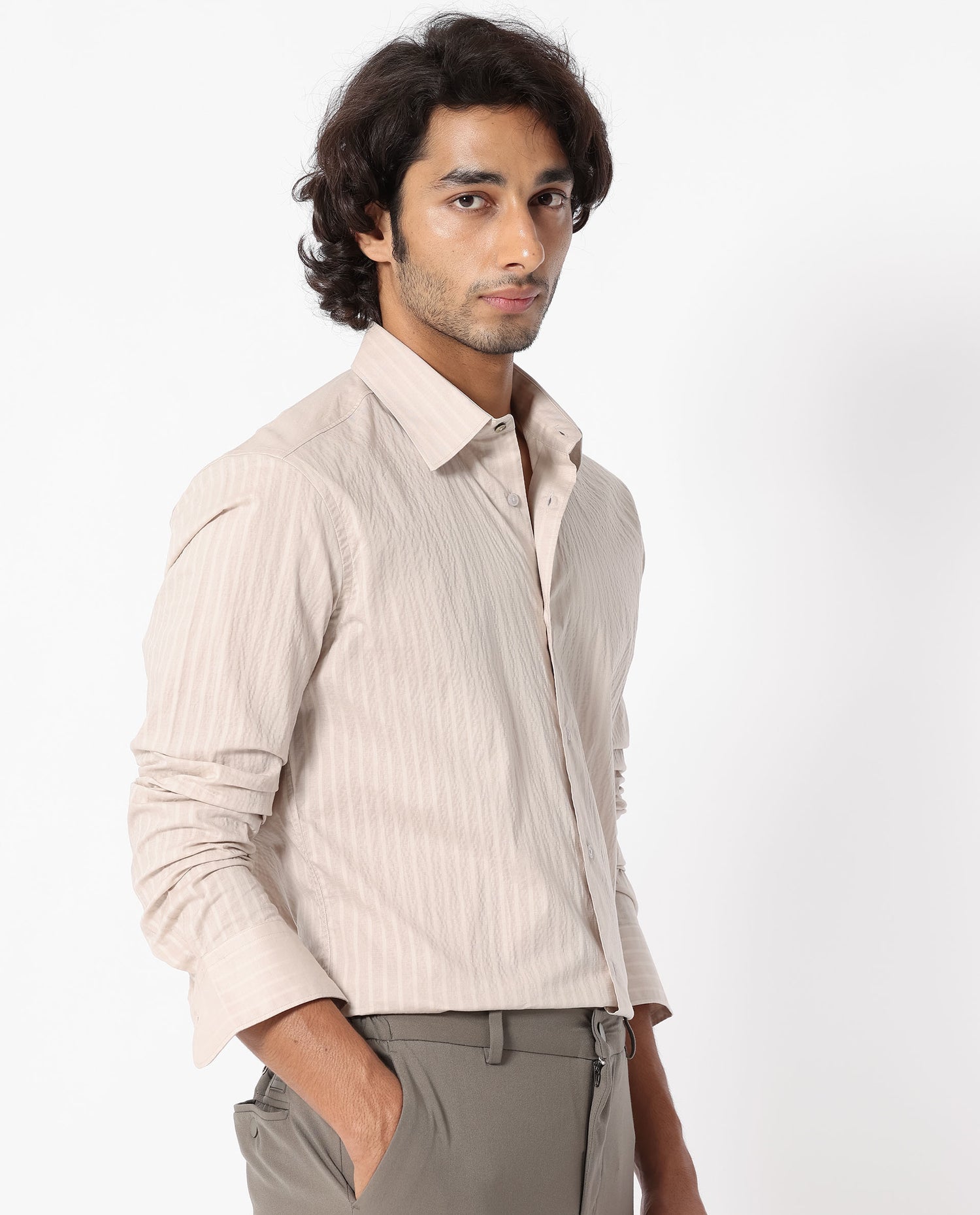 Rare Rabbit Men's Anemo Beige Cotton Fabric Full Sleeves Striped Shirt