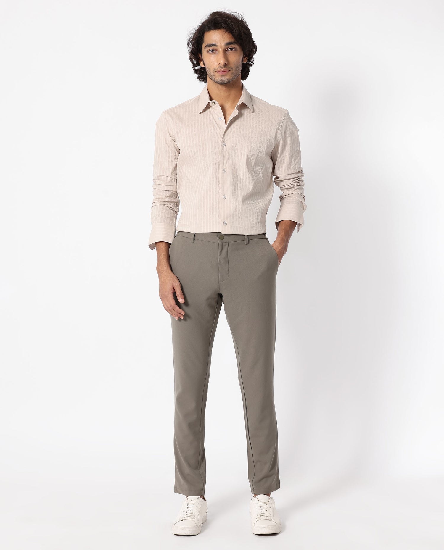 Rare Rabbit Men's Anemo Beige Cotton Fabric Full Sleeves Striped Shirt