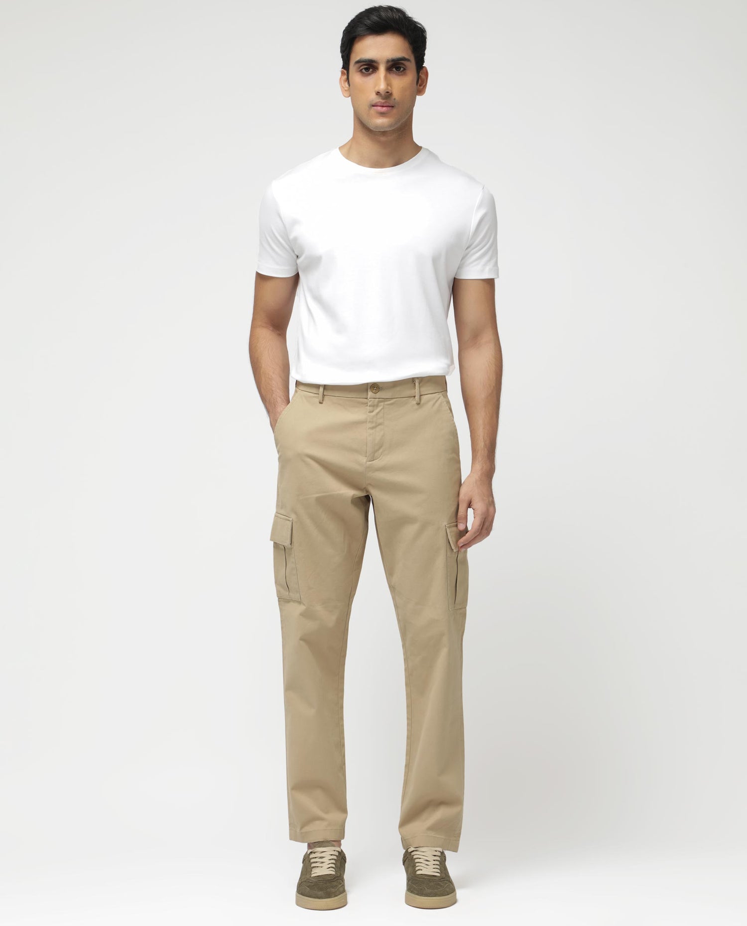 Rare Rabbit Mens Apex Beige Cotton Linen Solid Cargo Style Regular Fit