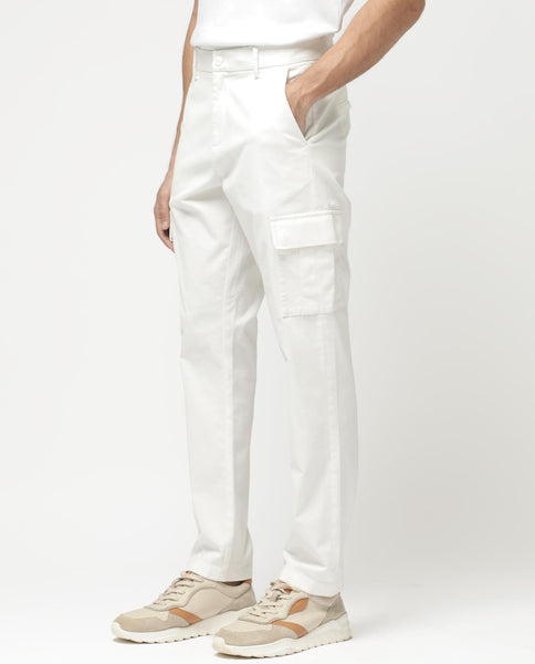 Rare Rabbit Mens Apex Light White Cotton Linen Solid Cargo Style Regul