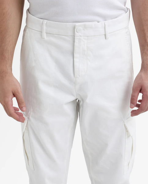Rare Rabbit Mens Apex Light White Cotton Linen Solid Cargo Style Regul