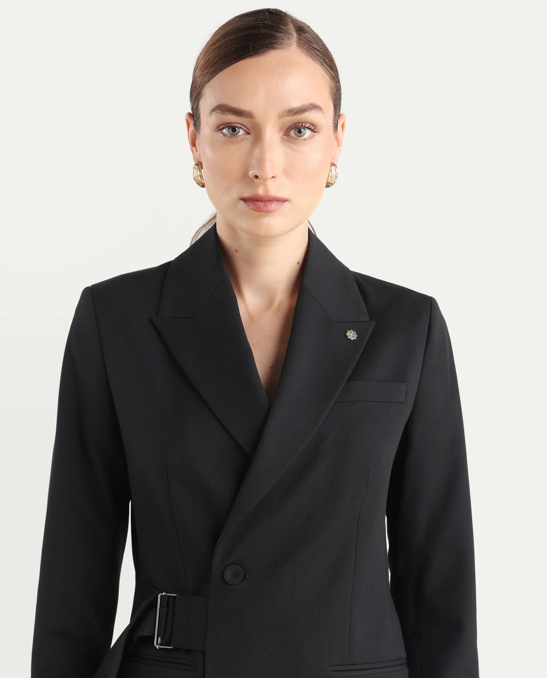 Rareism Women's Arcadia-T Black Polyester Blend Full Sleeve Lapel Coll