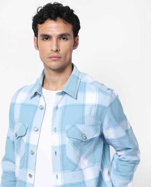 Rare Rabbit Men's Areo Pastel Blue Cotton Checked Print Relaxed Fit Fu