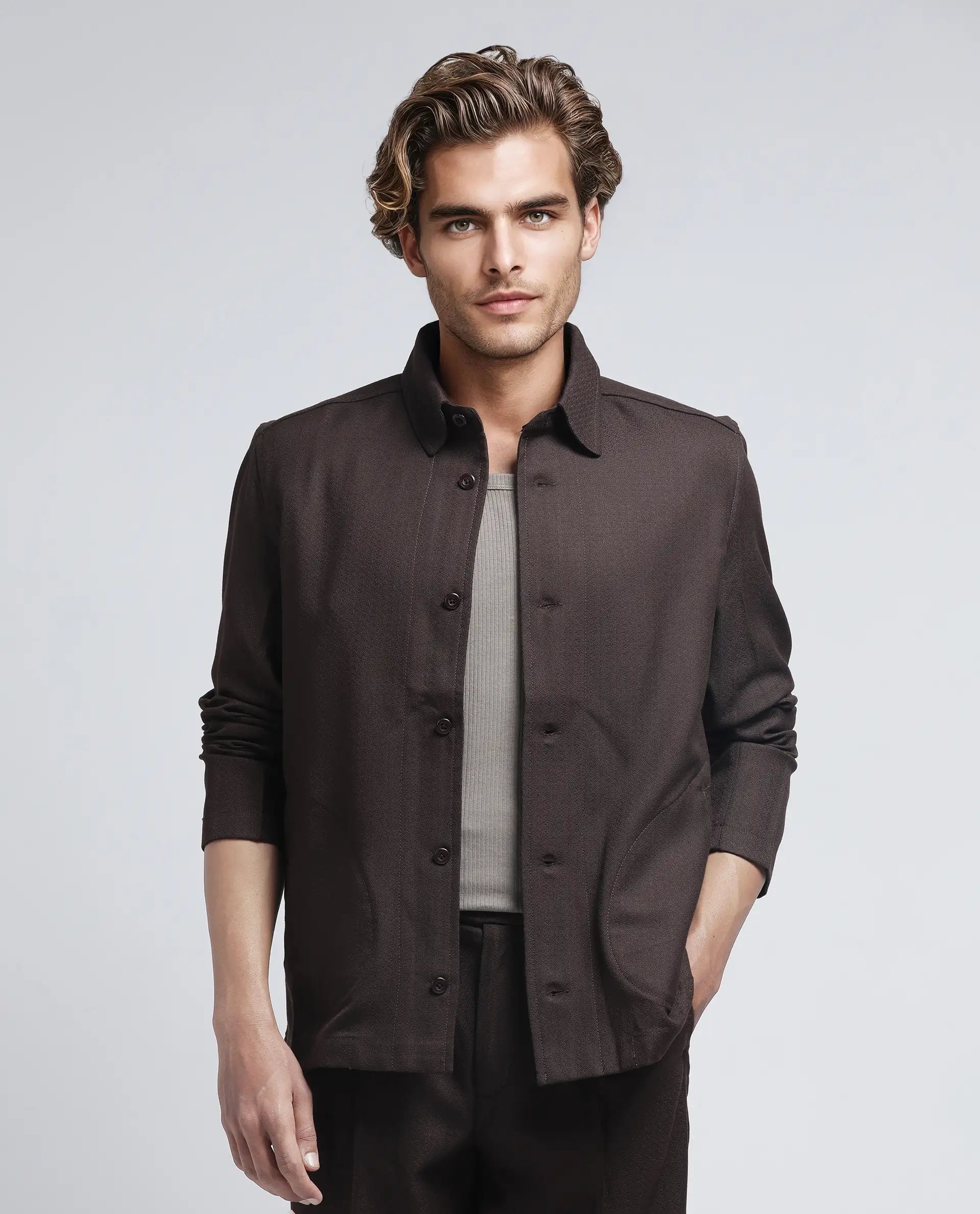 Rare Rabbit Men's Aront Dark Brown Polyester Plain Relaxed Fit Full Sl