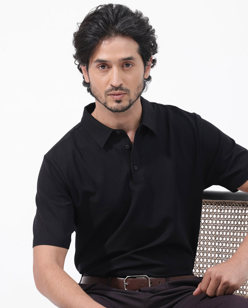 Rare Rabbit Mens Atticus Black Short Sleeve Regular Fit Solid Polo T-S