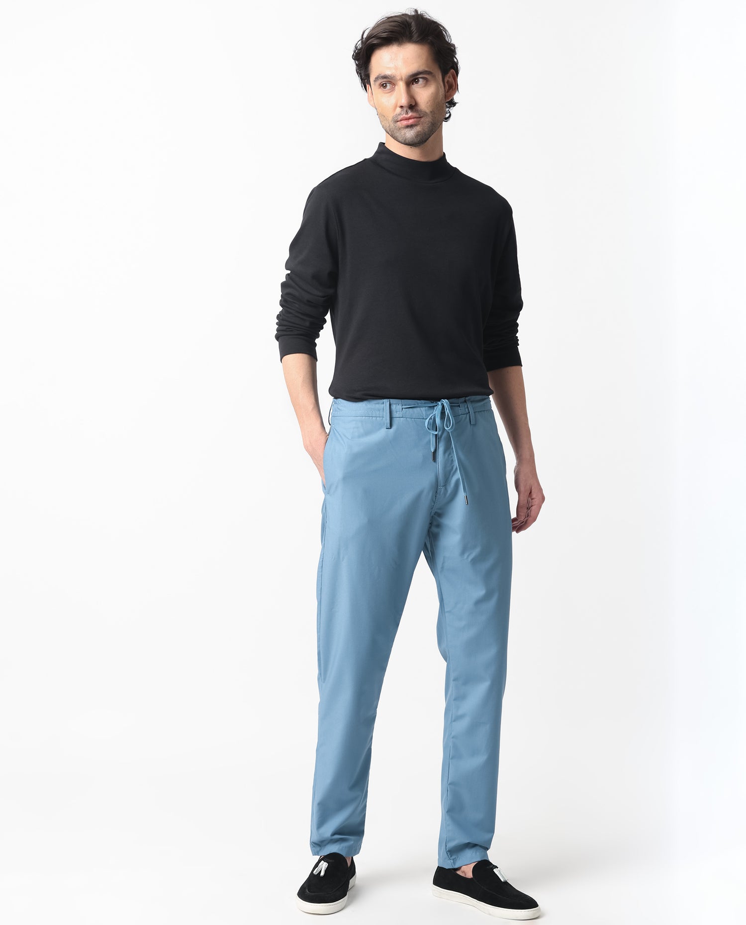 Rare Rabbit Men's Aux Blue Solid Mid-Rise Regular Fit With Drawstring