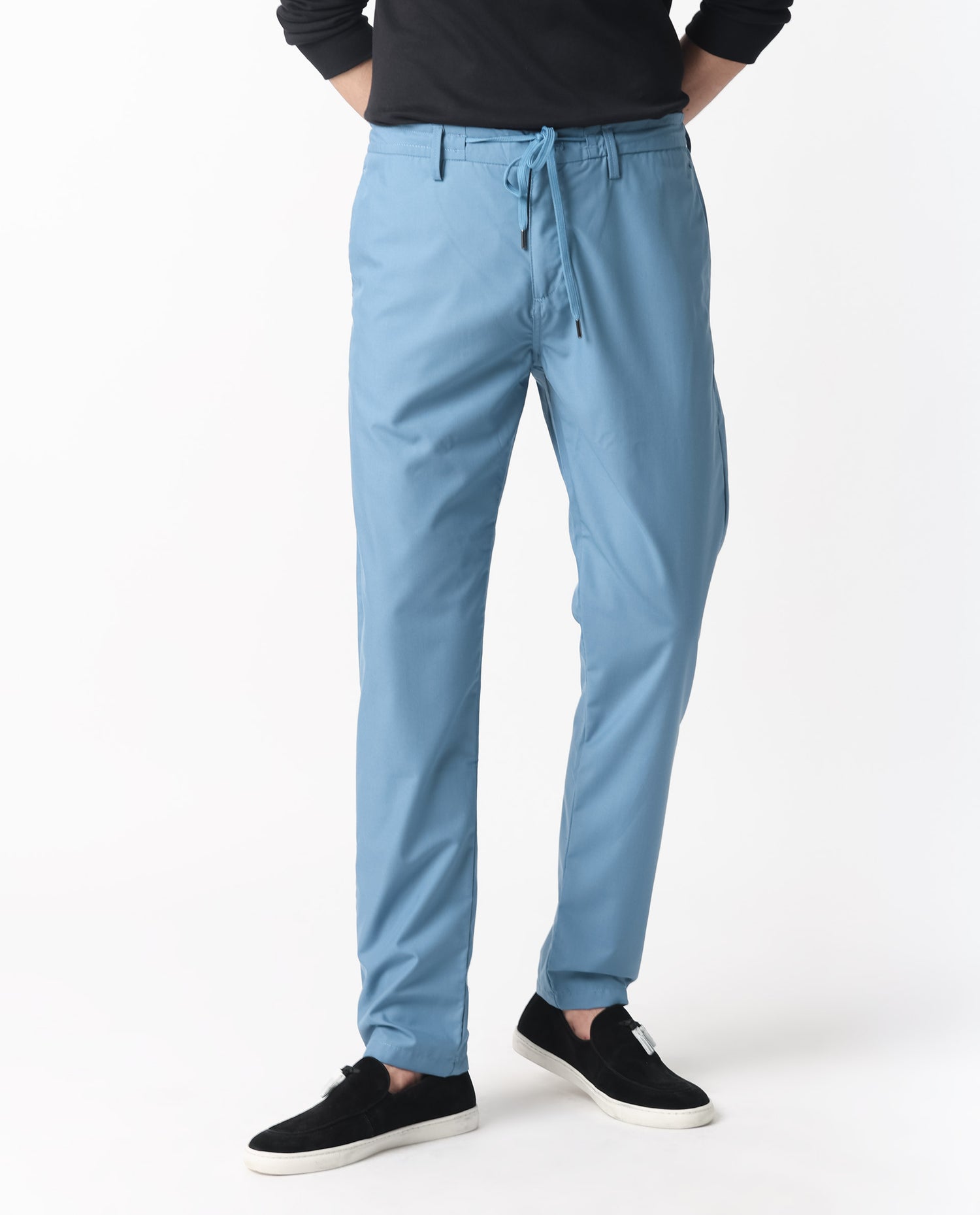 Rare Rabbit Men's Aux Blue Solid Mid-Rise Regular Fit With Drawstring