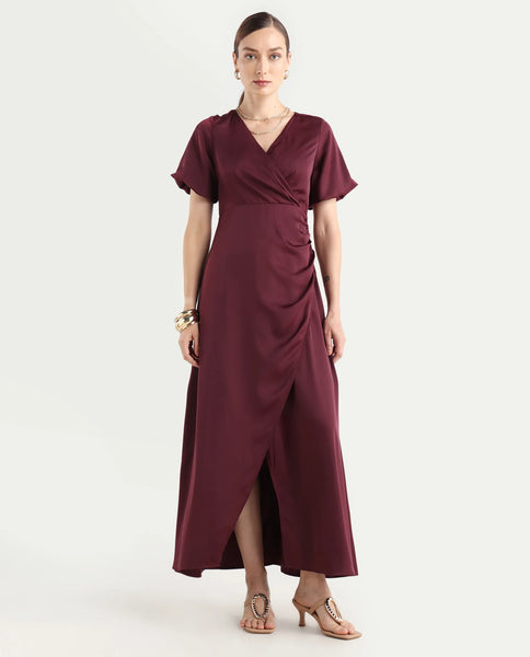 Buy Avilya - Maroon Solid Wrap Maxi Dress| Rareism