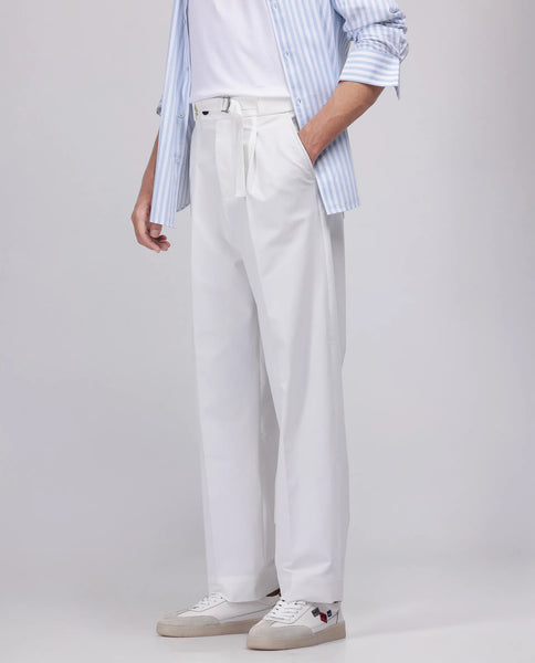 Rare Rabbit Men's Axie White Cotton Blend Fabric Wide Leg Fit Plain Tr