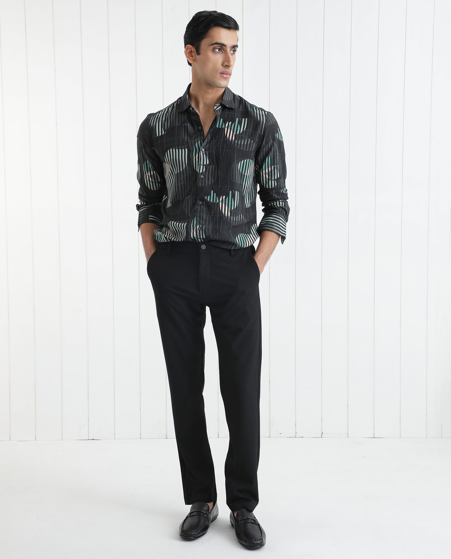 Rare Rabbit Men's Alora Black Viscose Fabric Floral Print Full Sleeves