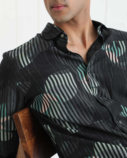 Rare Rabbit Men's Alora Black Viscose Fabric Floral Print Full Sleeves