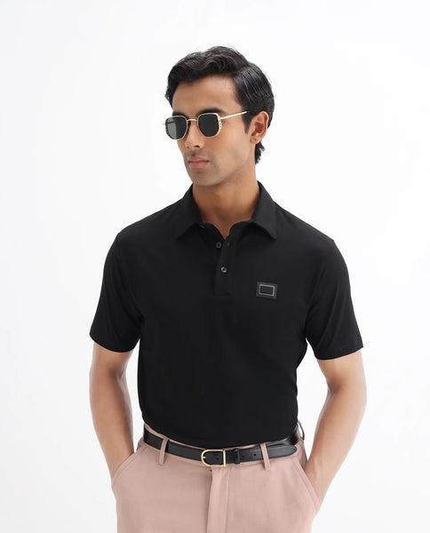 Rare Rabbit Men's Badger-25 Black Cotton Blend Plain Regular Fit Half