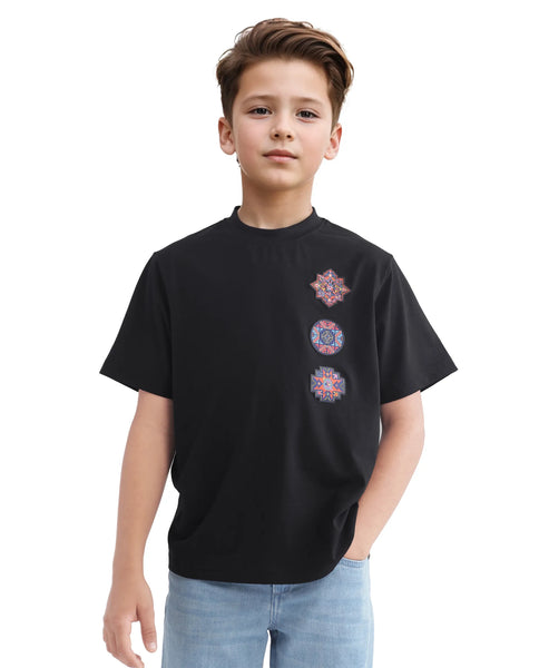 Rare Ones Kids Bale-K Black Cotton Blend Half Sleeve Slip-On Applique