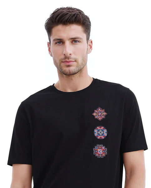 Rare Rabbit Men's Bale Black Cotton Graphic Print Relaxed Fit Half Sle