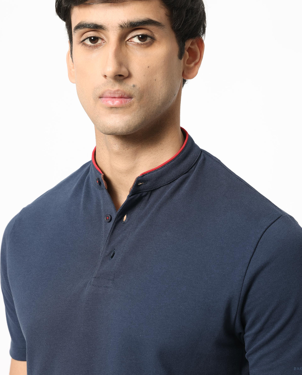 Rare Rabbit Men's Barrie Dark Navy Cotton Fabric Manadrin Collar Half