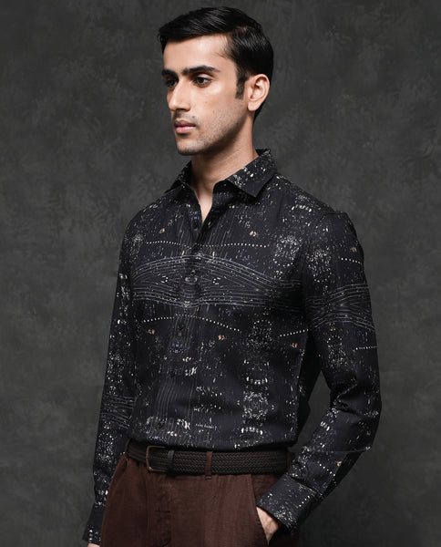 Rare Rabbit Men's Basco Black Viscose Fabric Full Sleeve Regular Fit A