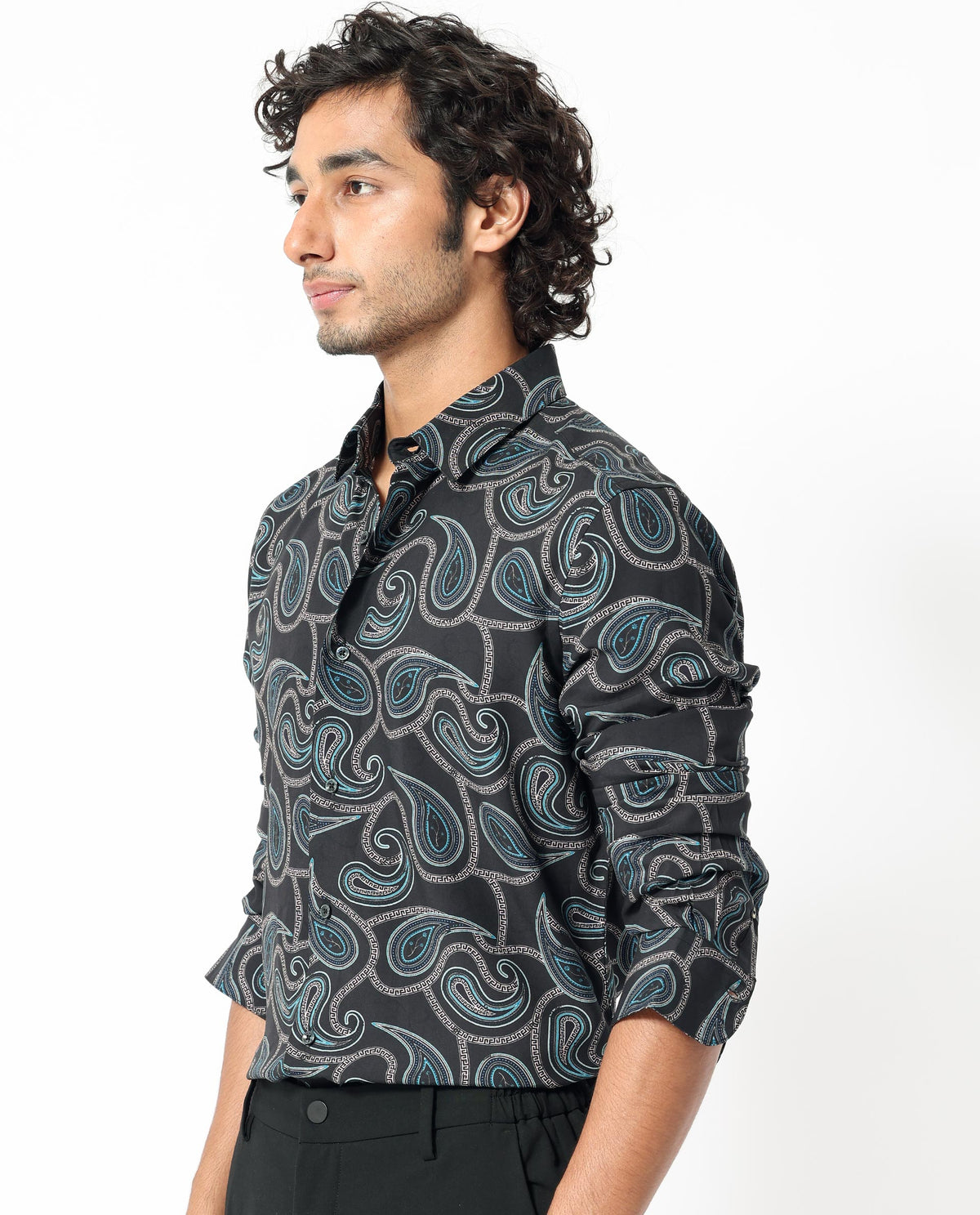 Rare Rabbit Men's Baxon Black Viscose Fabric Full Sleeves Paisley Prin