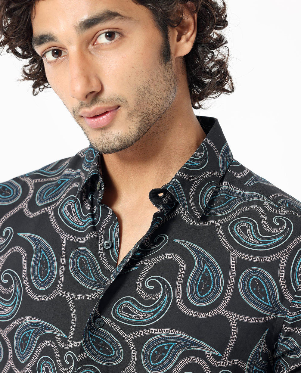 Rare Rabbit Men's Baxon Black Viscose Fabric Full Sleeves Paisley Prin