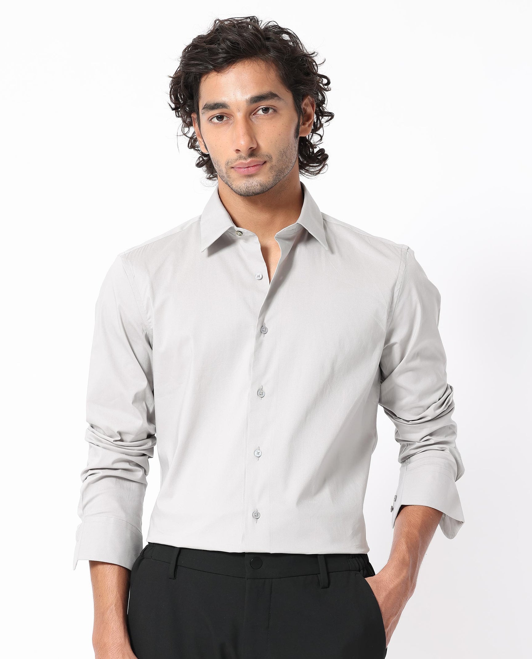 Rare Rabbit Men's Benedict Light Grey Cotton Plain Regular Fit Full Sl