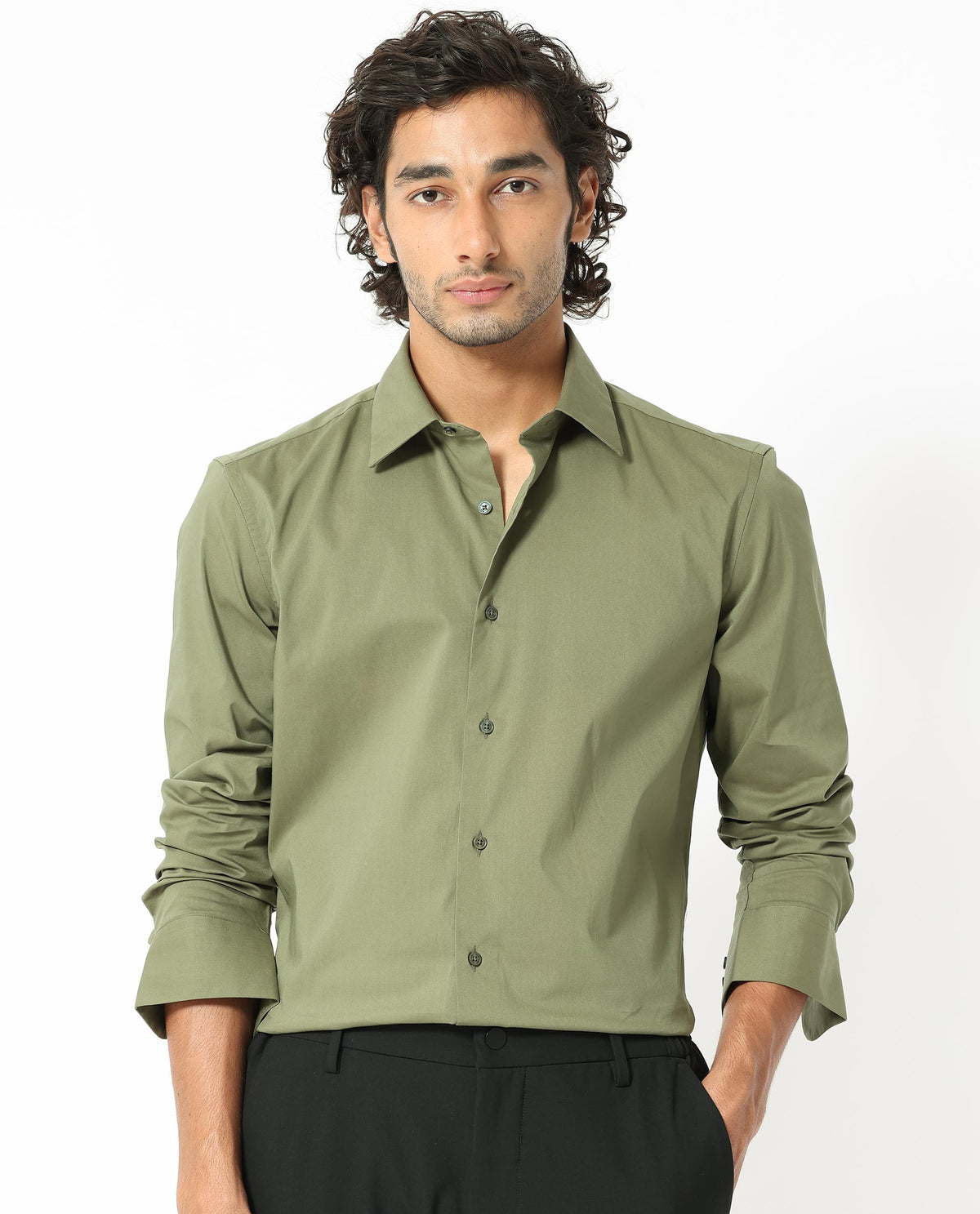 Rare Rabbit Men's Benedict Light Olive Cotton Fabric Full Sleeves Soli