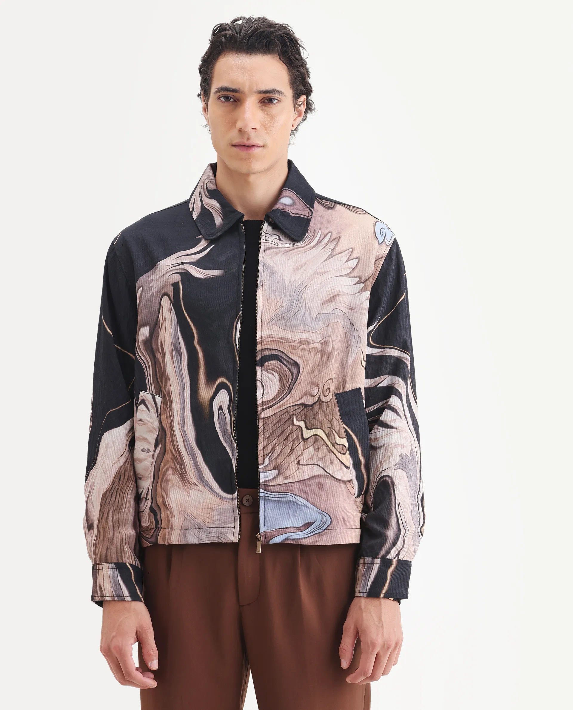 Rare Rabbit Men's Bexa Black Viscose Blend Fabric Spread Collar Regula