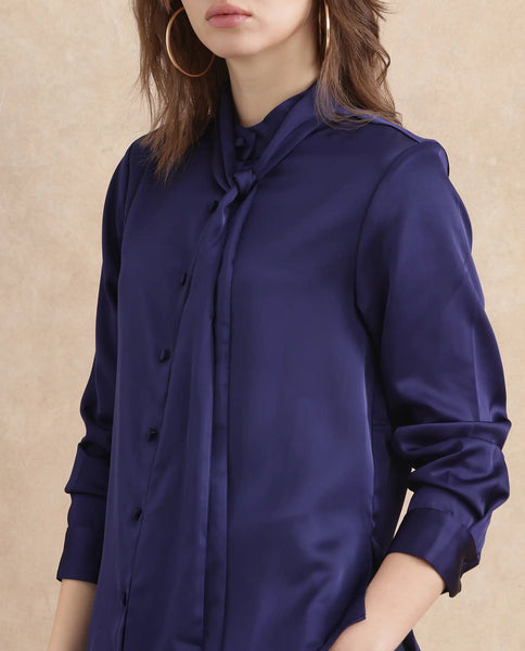 Rareism Women's Bingol Navy Polyester Mandarin Collar Plain Cuffed Sle