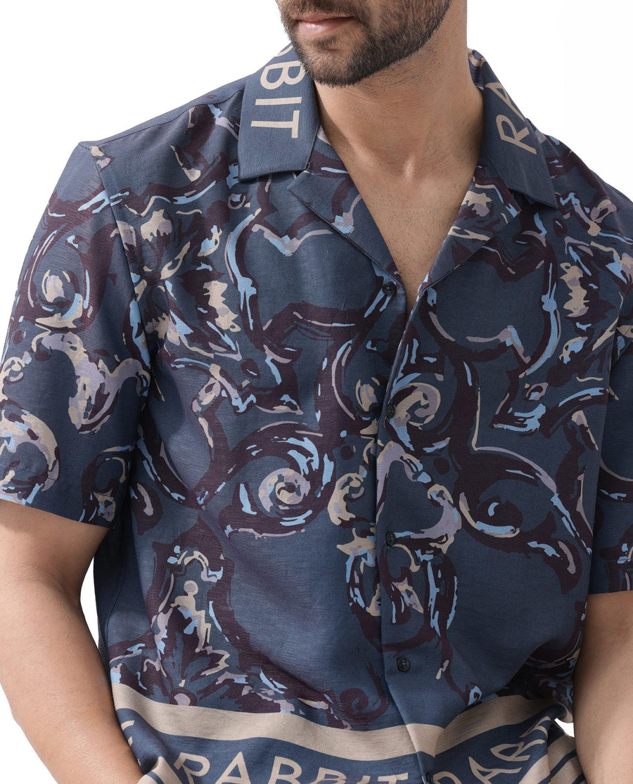 Rare Rabbit Men's Bordis Dark Navy Viscose Fabric Half Sleeves Cuban C