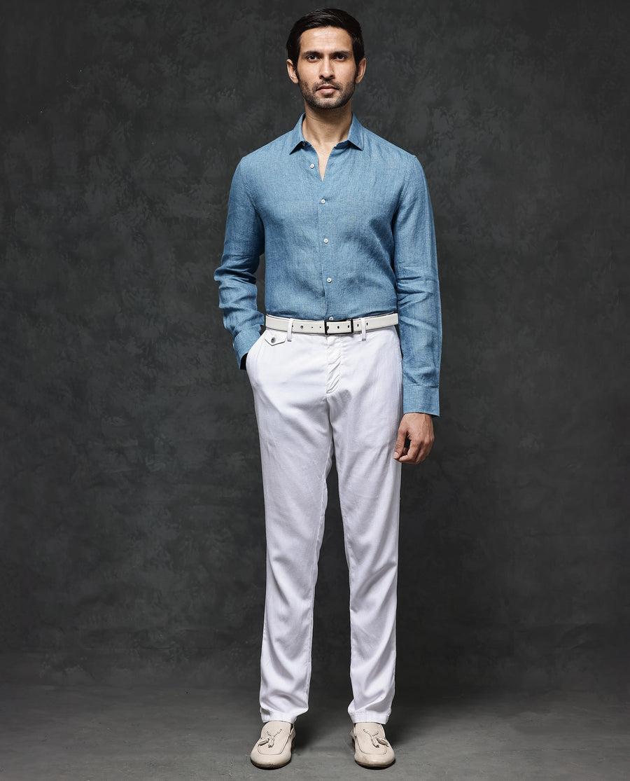 Rare Rabbit Mens Borium-2 Dusky Blue Full Sleeve Melange Linen Fabric