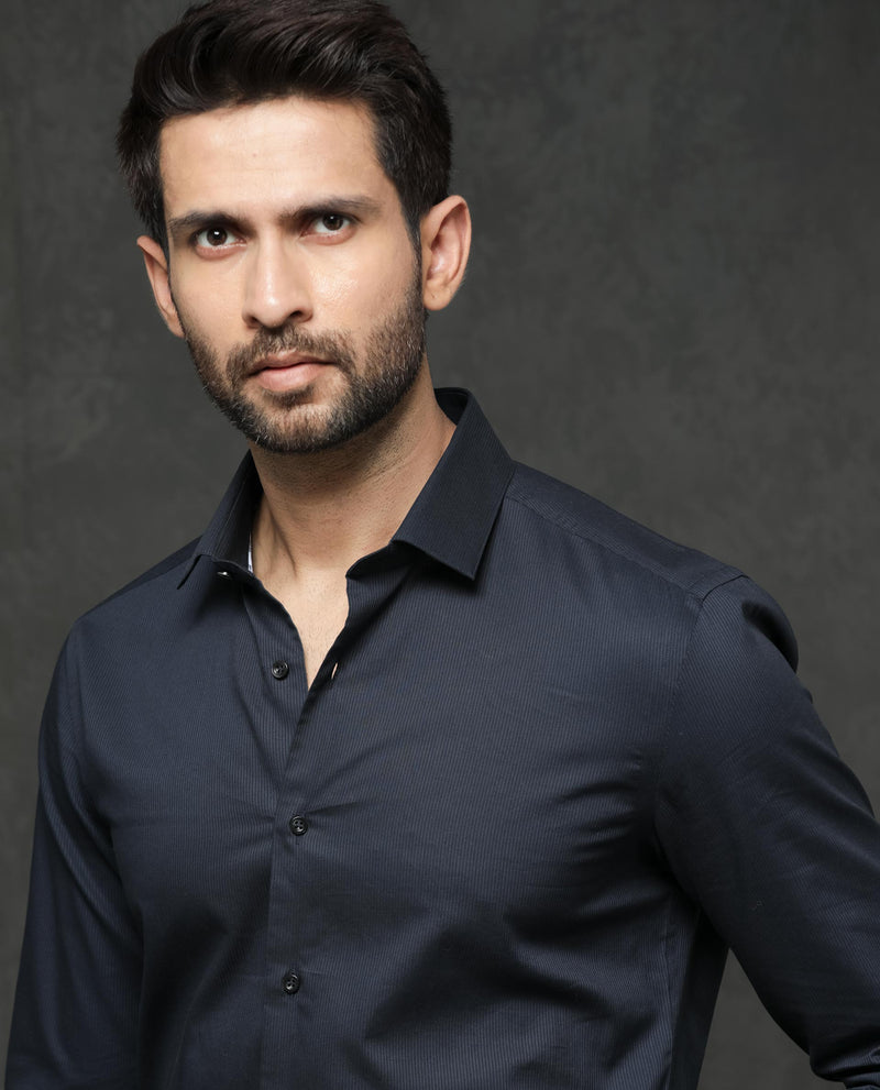 Rare Rabbit Men's Bovec Navy Cotton Fabric Full Sleeves Micro Stripe S