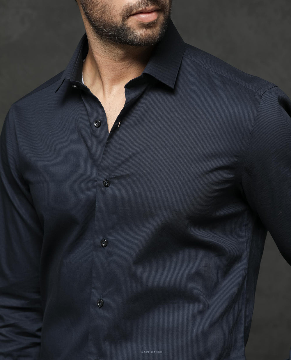 Rare Rabbit Men's Bovec Navy Cotton Fabric Full Sleeves Micro Stripe S