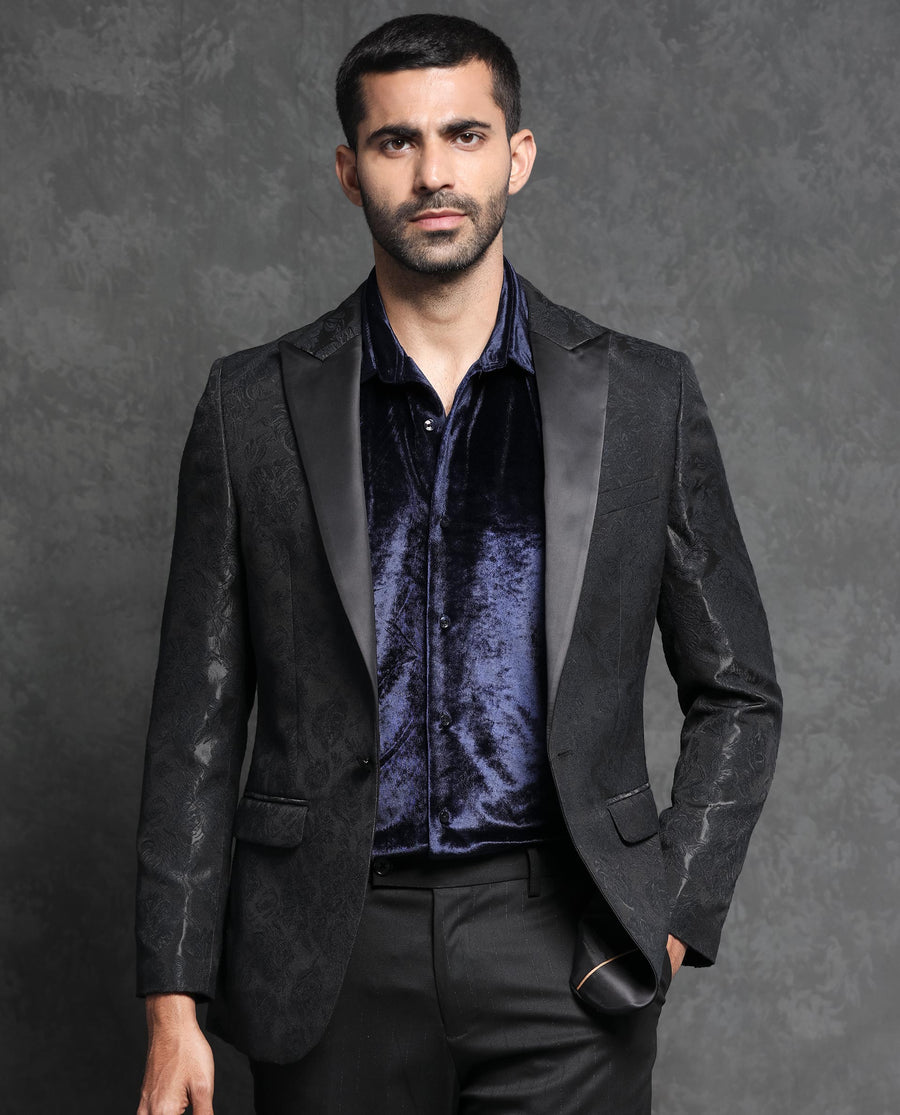 Rare Rabbit Men's Boxton Black Polyester Fabric Satin Peak Lapel Singl