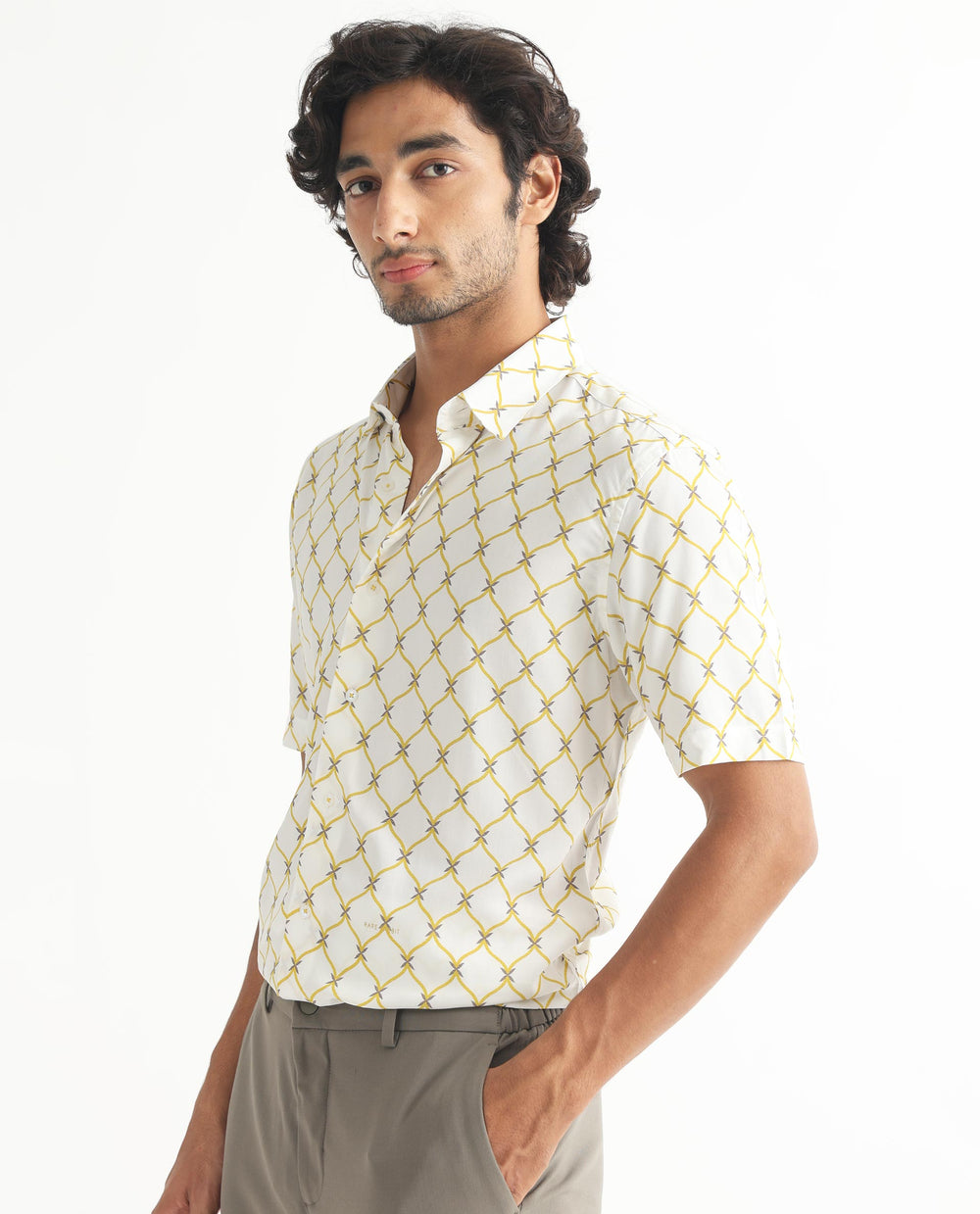 Rare Rabbit Men's Braga White Viscose Fabric Geometric Print Half Slee